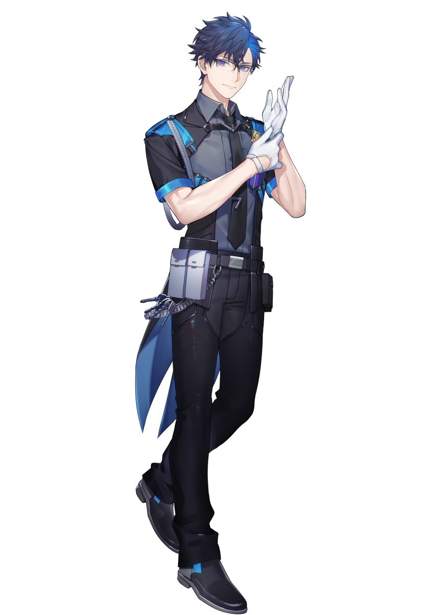 Safebooru - 1boy absurdres belt black-framed eyewear black belt black necktie black shoes blue ...