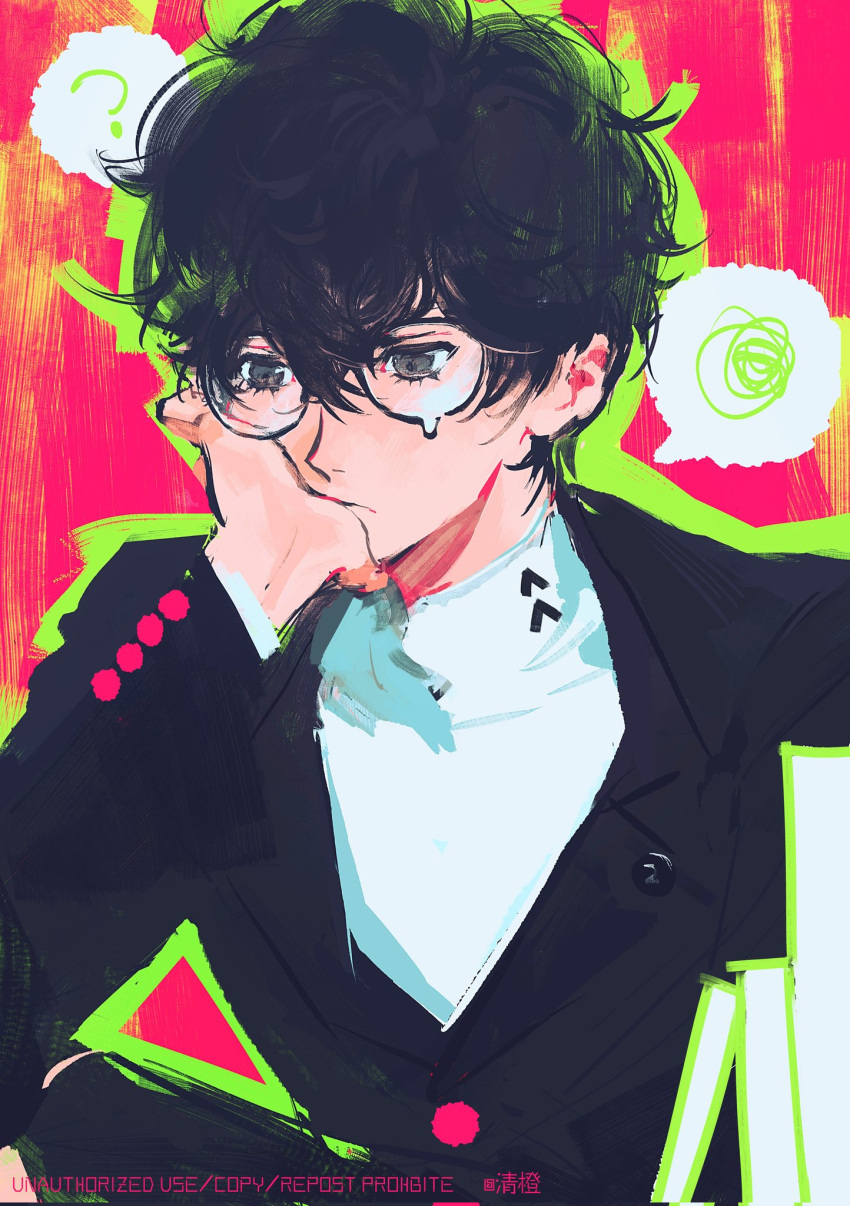 Safebooru - 1boy amamiya ren black eyes black hair black jacket curly hair english text glasses ...