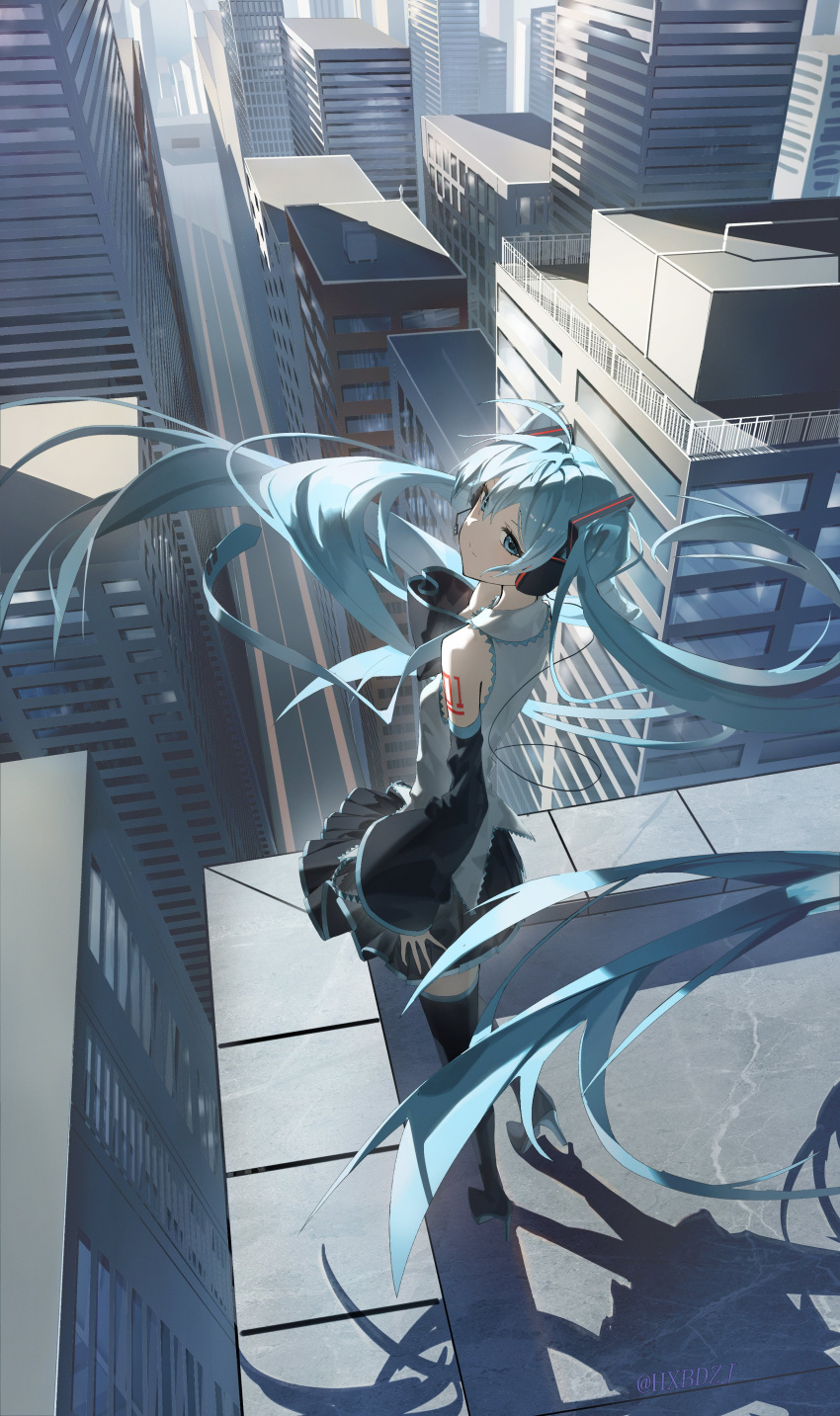 Safebooru - 1girl absurdres aqua eyes aqua hair black skirt city closed mouth detached sleeves ...