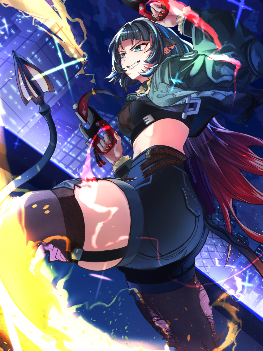 Safebooru - 1girl absurdres animal ears black hair cityscape crop top fur-trimmed jacket fur ...