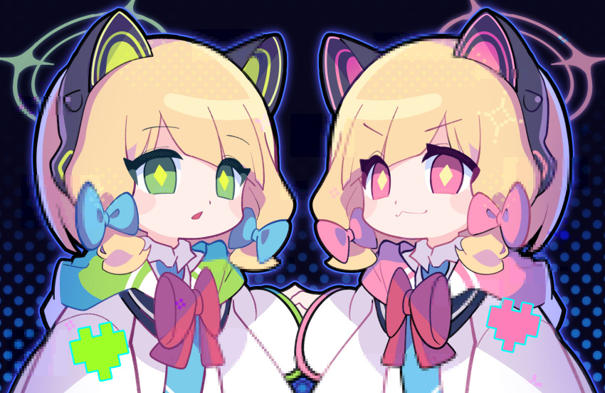 Safebooru - 2girls :3 animal ear headphones animal ears aqua necktie arm at side black ...