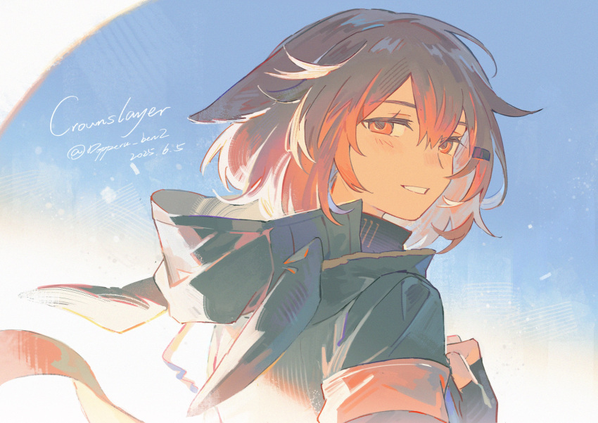 Safebooru - 1girl absurdres arknights armband black gloves black jacket blue sky character name ...