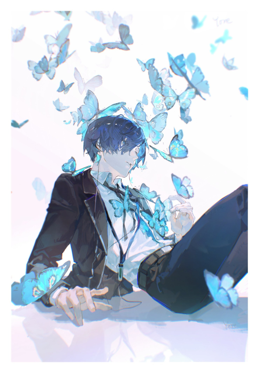 Safebooru - 1boy belt black jacket black pants blue butterfly brown belt bug butterfly earphones ...