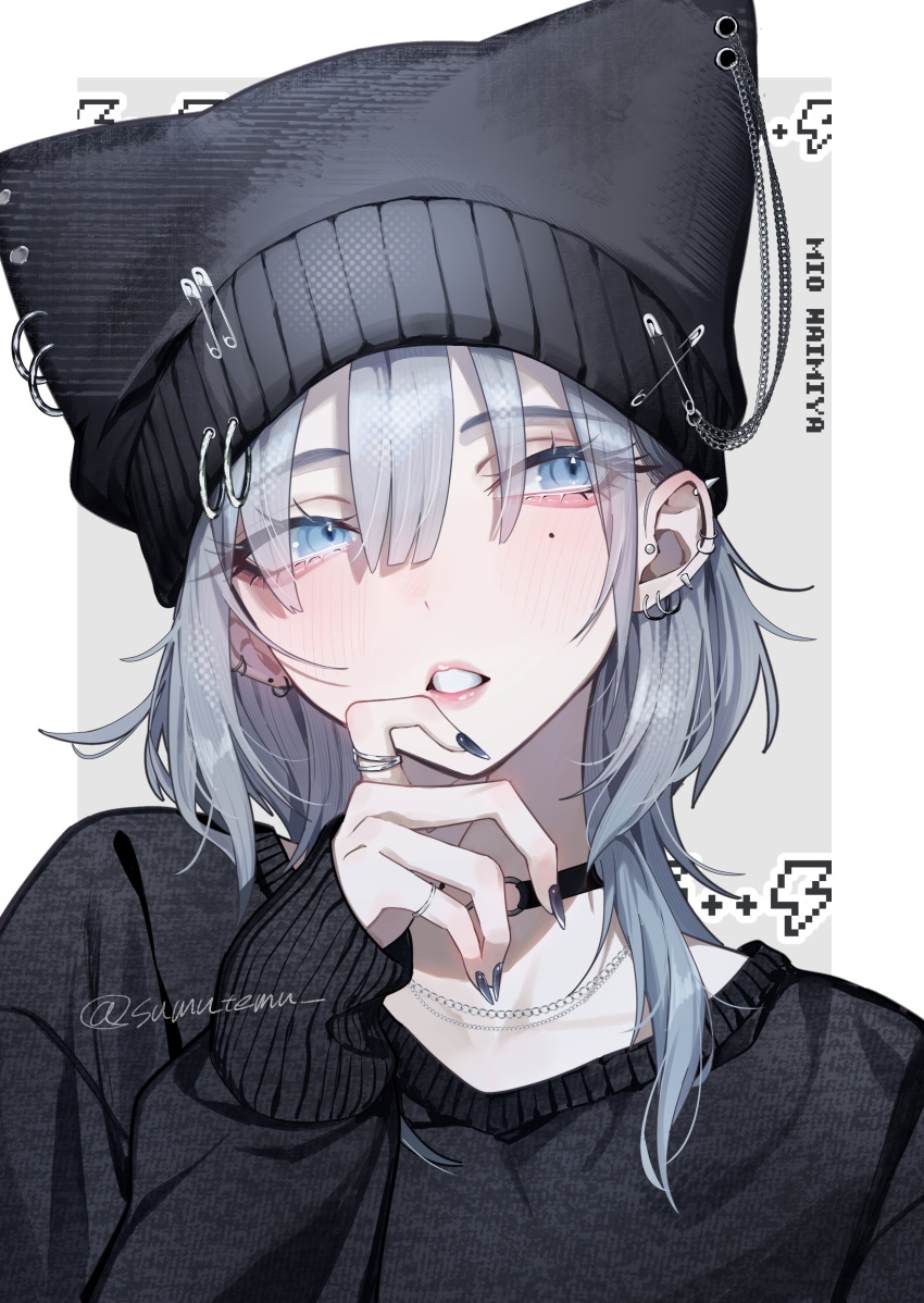 Safebooru - 1girl absurdres beanie black choker black sweater blue eyes choker ear piercing ...
