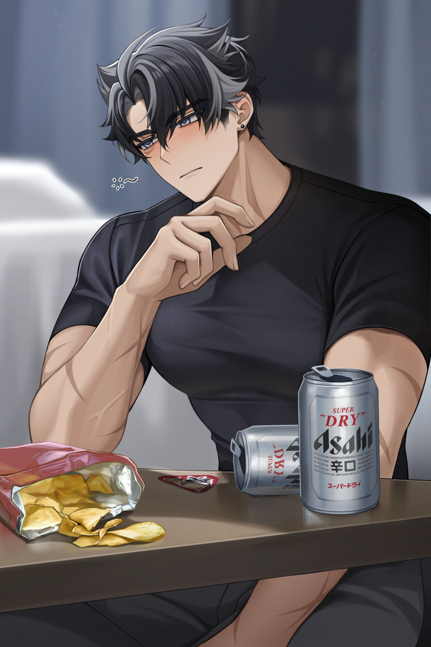 Safebooru - 1boy absurdres beer can black hair black shirt blue eyes blush can chips (food ...