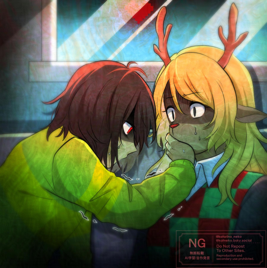 Safebooru - 1girl 1other animal ears antlers artist name blonde hair ...