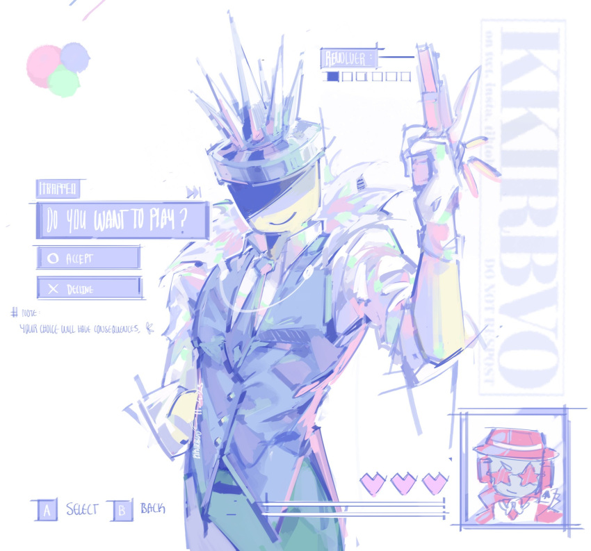 Safebooru - 2boys blue pants blue vest chance (forsaken) closed mouth cowboy shot crown fedora ...