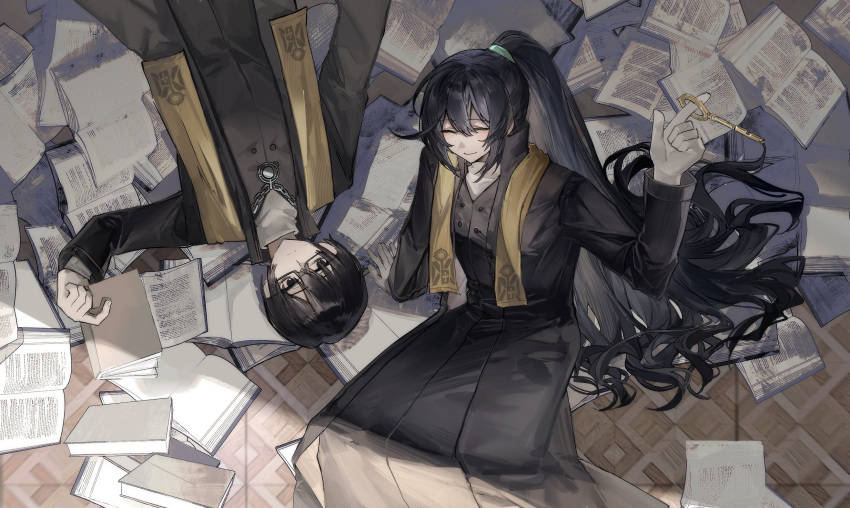 Safebooru - 2boys black hair black suit bochishiraita book closed eyes ...
