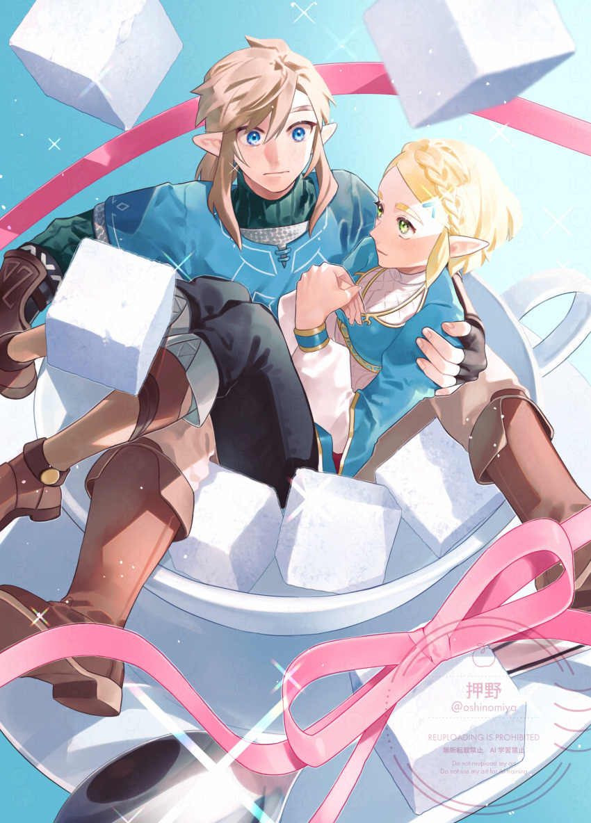 Safebooru - 1boy 1girl absurdres black pants blonde hair blue eyes blue tunic boots braid brown ...
