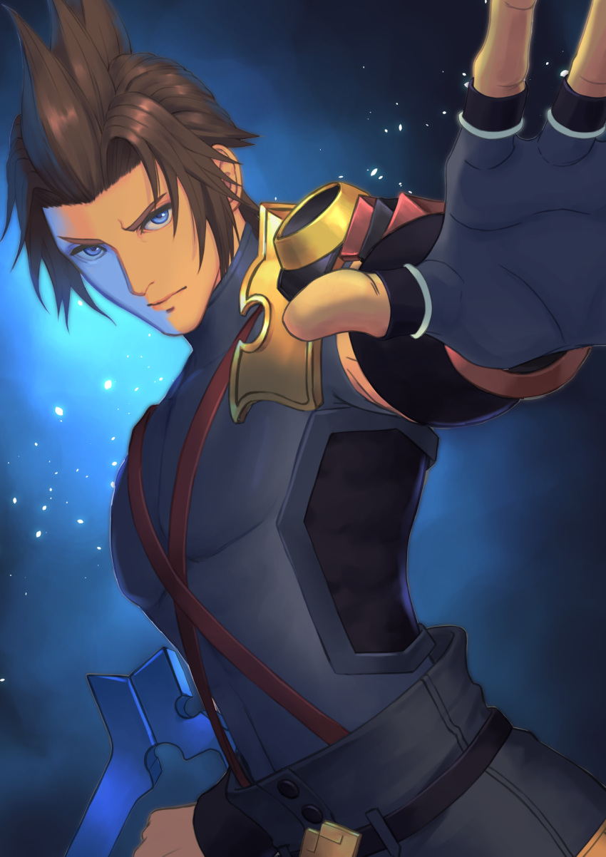 Safebooru - 1boy armor asymmetrical armor belt black belt black pants blue background blue eyes ...