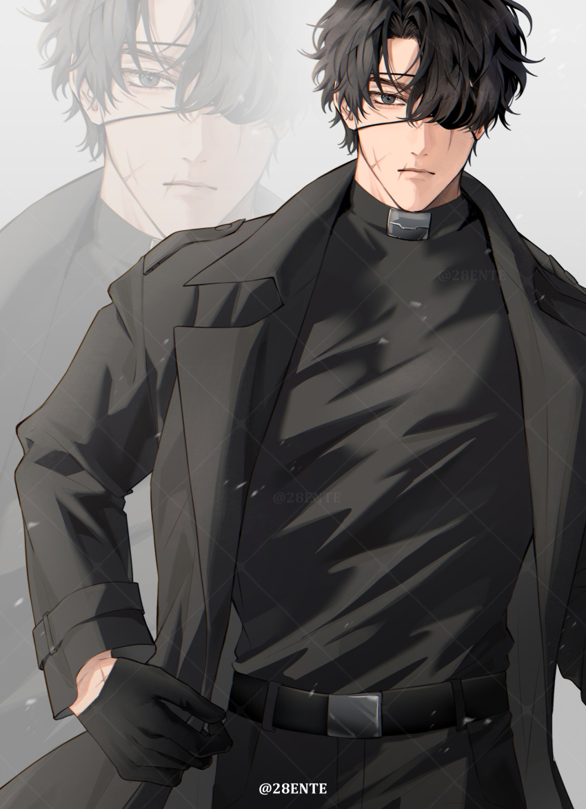 Safebooru - 1boy 28ente absurdres black coat black eyes black gloves black hair black pants ...