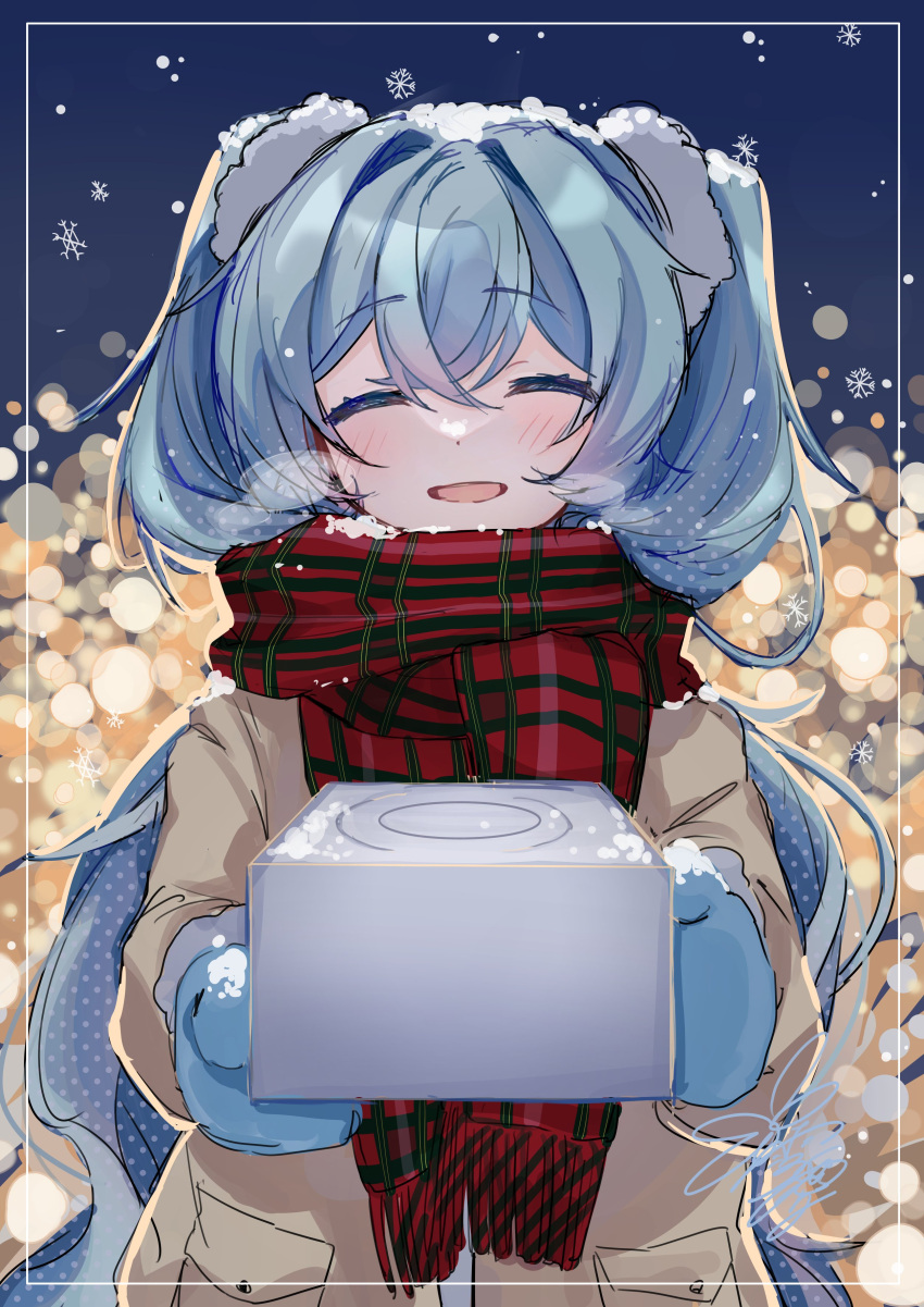 Safebooru 1girl Absurdres Blue Background Blue Hair Blue Mittens 5673