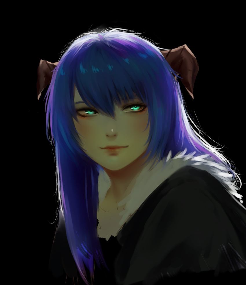 Safebooru - absurdres arknights black background black coat blue eyes blue hair brown horns coat ...