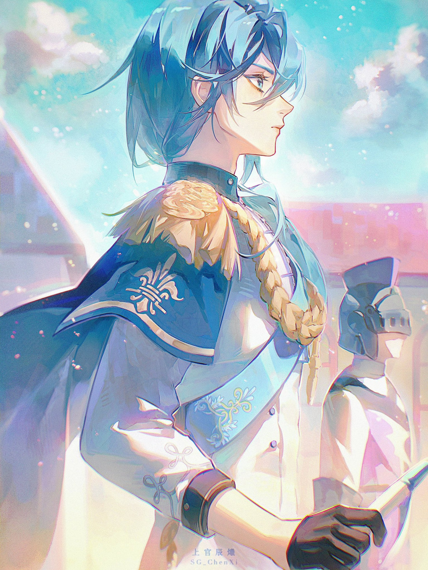 Safebooru - 1boy aiguillette armor bishounen black gloves blue cape ...