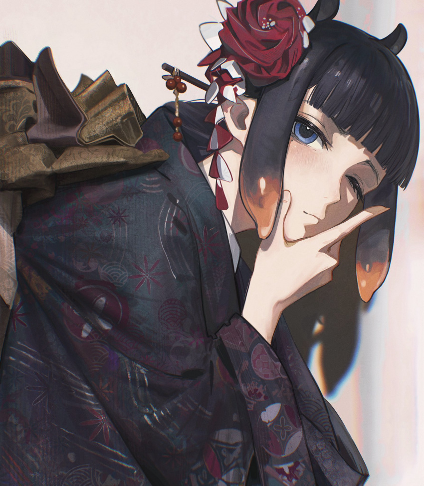 Safebooru - 1girl black hair black kimono blue eyes blunt bangs closed mouth flower gradient ...