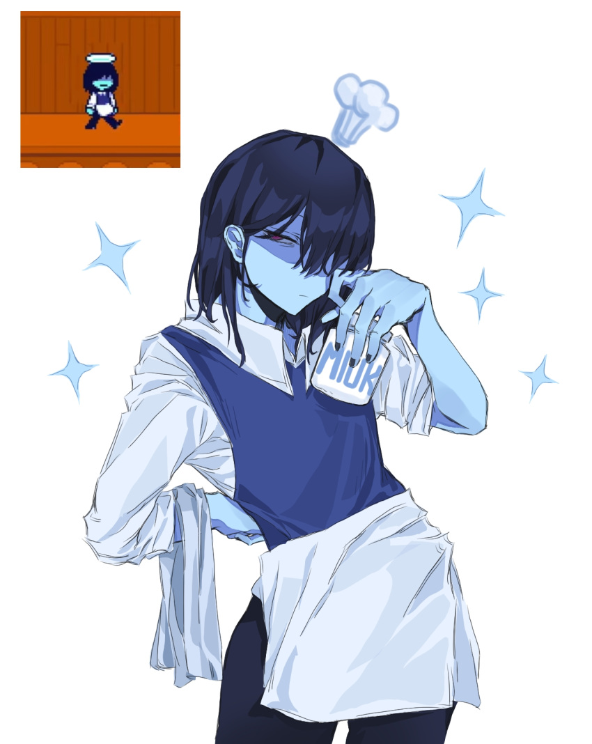 Safebooru - 1other 36 se shuicai bi apron black pants blue hair blue ...