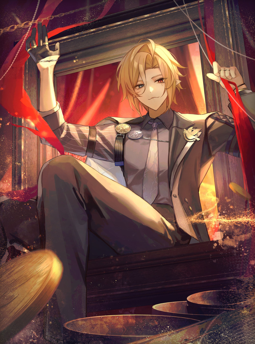 Safebooru - 1boy absurdres black gloves black jacket black pants blonde hair collared shirt ...