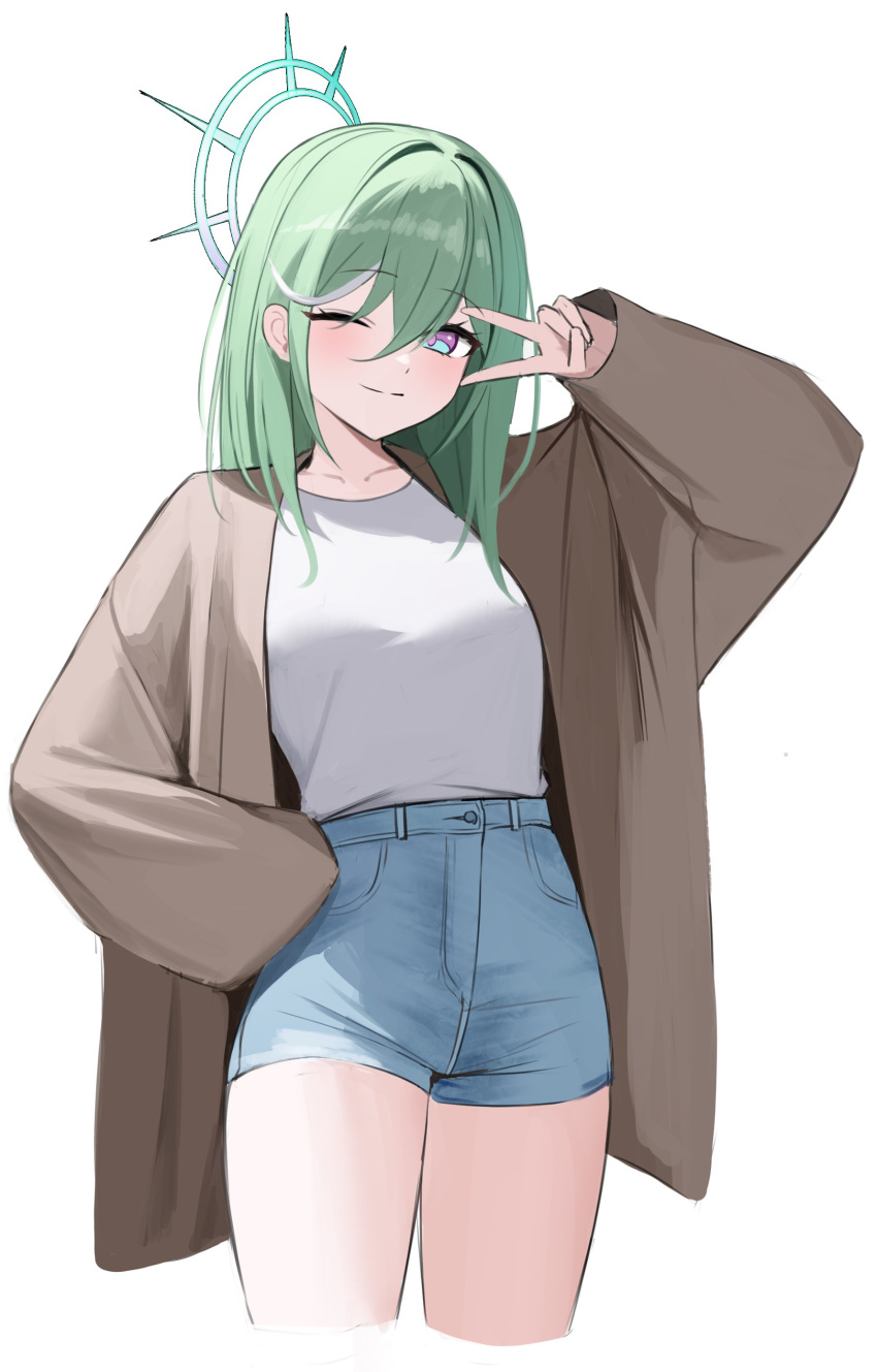 Safebooru - 1girl absurdres blue eyes blue shorts brown coat closed mouth coat cropped legs ...