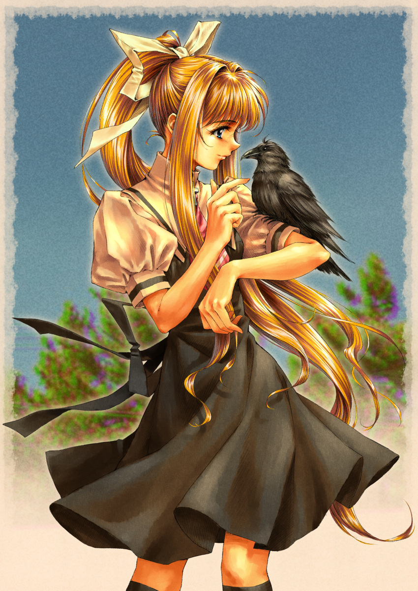 Safebooru - 1girl absurdres air (visual novel) animal on arm bird bird on arm blonde hair blue ...