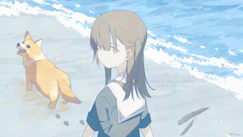 Safebooru - 1girl absurdres adversarial noise beach black shirt brown eyes brown hair commentary ...