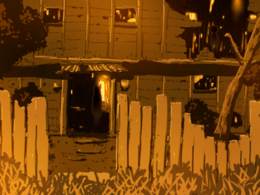 Safebooru - 2girls commentary request fence full body grass horror ...