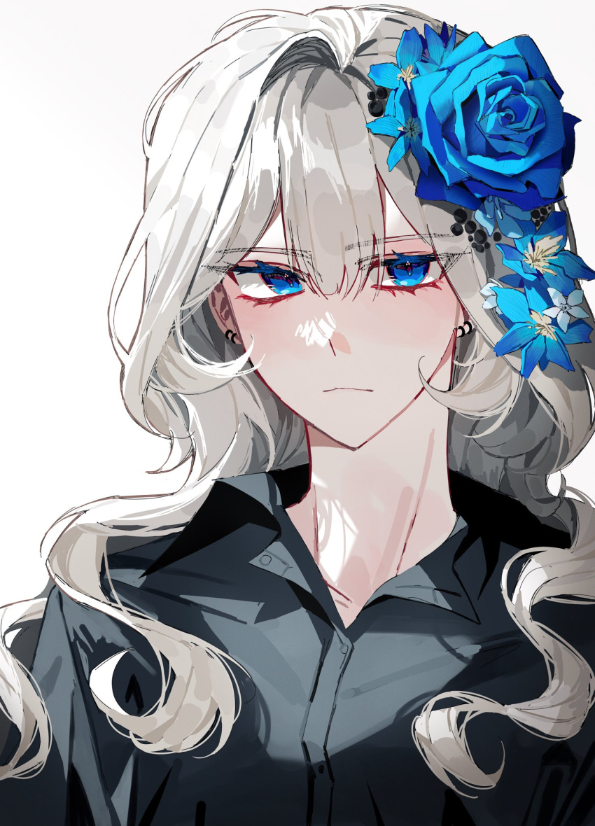 Safebooru - 1girl black shirt blue eyes blue flower blue rose closed mouth earrings flower ...