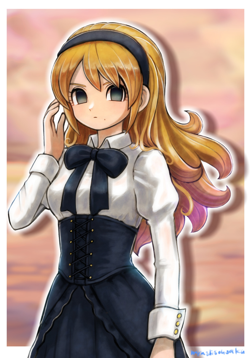 Safebooru - 1girl absurdres artist name black bow black corset black eyes black hairband black ...