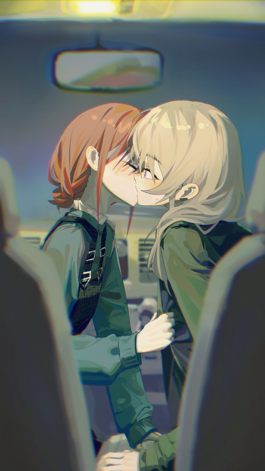 Safebooru - 2girls absurdres black jacket black overalls blue sweater brown hair closed eyes ...