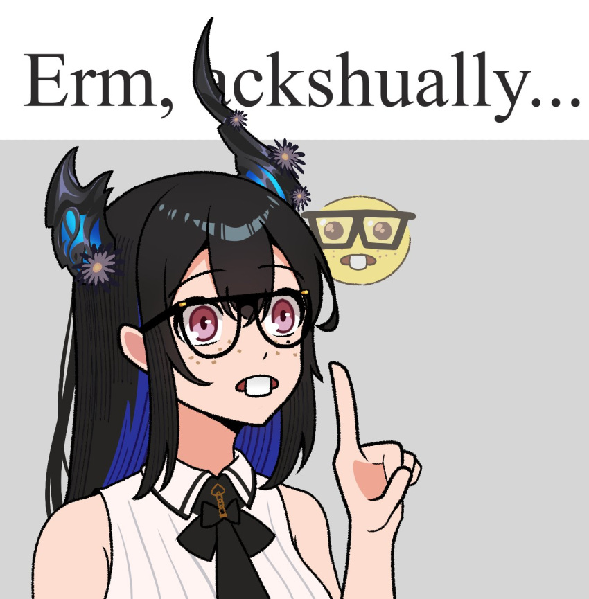 Safebooru - 1girl ackchyually (meme) black hair black horns blue hair ...