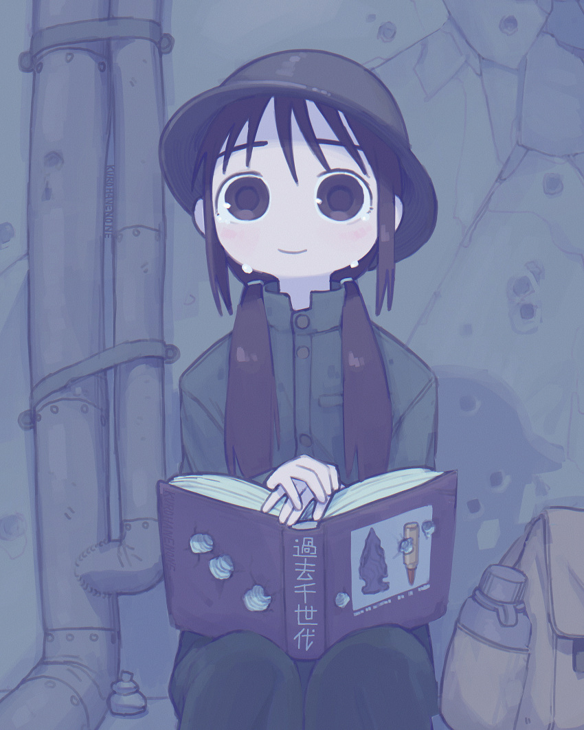 Safebooru - 1girl absurdres backpack bag black eyes black hair blush book book on lap brodie ...