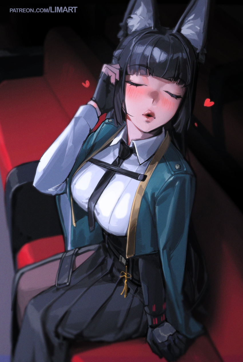 Safebooru - 1girl absurdres animal ears black gloves black hair black necktie black skirt blush ...