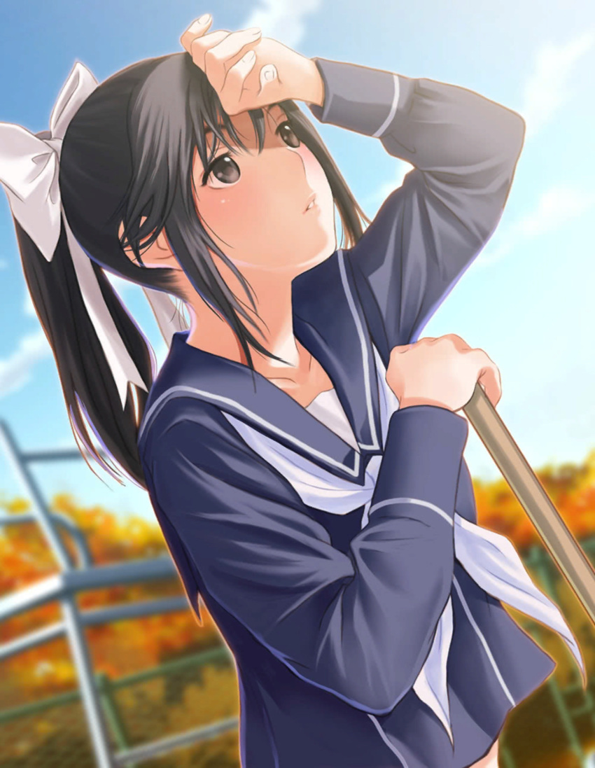 Safebooru - 1girl arm up autumn autumn leaves black hair blue sailor collar blue sky blush bow ...