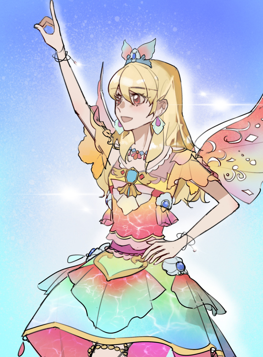 Safebooru - 1girl :d aikatsu! aikatsu! (series) aqua dress arm up blonde hair blue gemstone blue ...