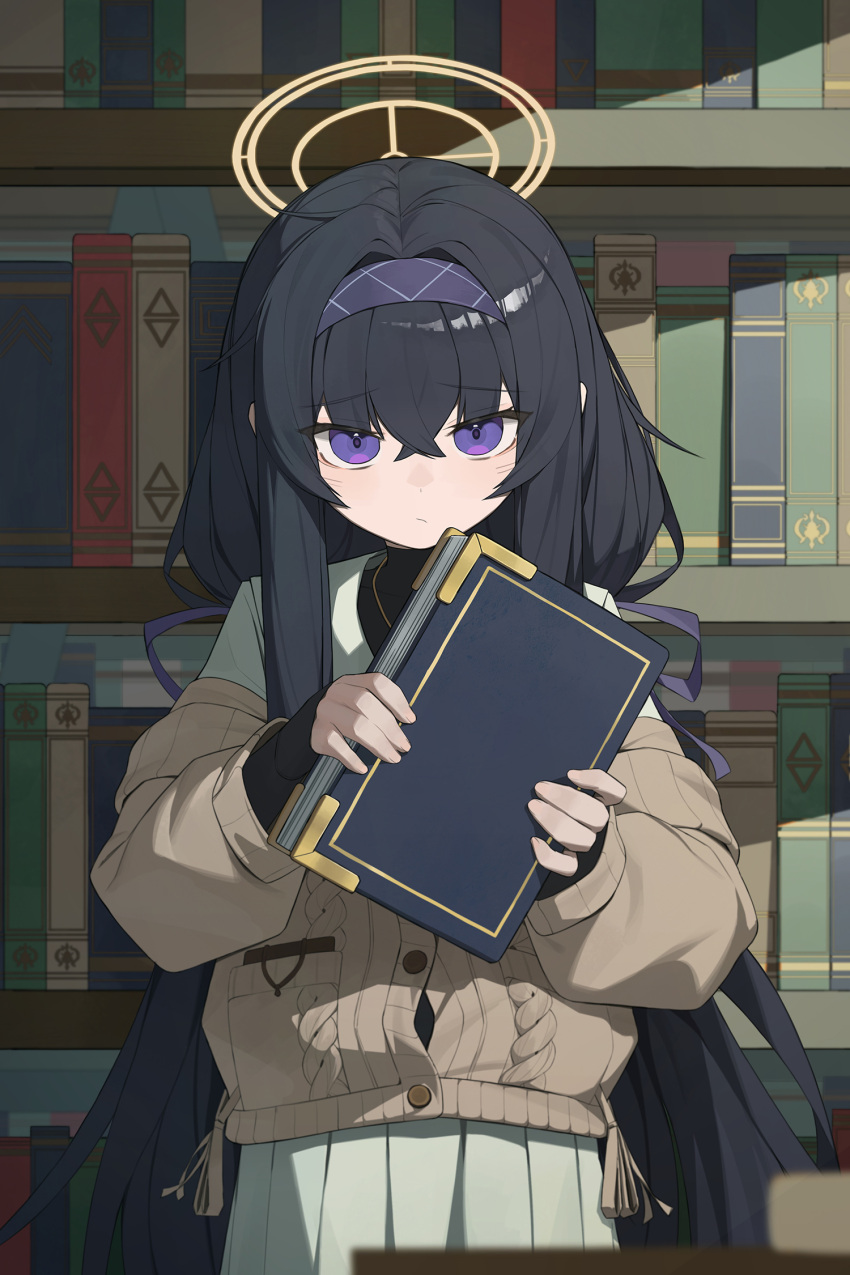 Safebooru - 1girl black hair blue archive book bookshelf brown cardigan cardigan halo headband ...