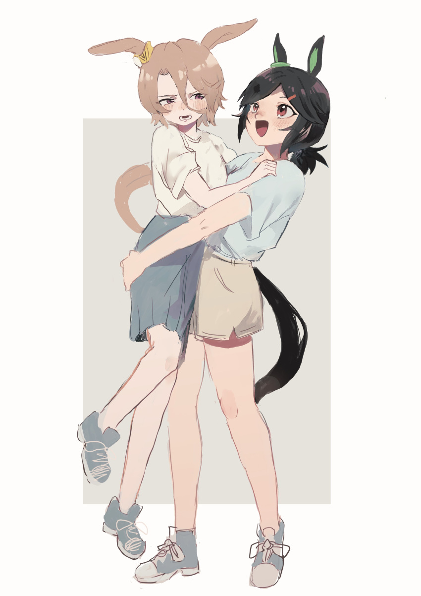 Safebooru - 2girls absurdres aged down animal ears black hair blonde hair blue eyes blue shirt ...