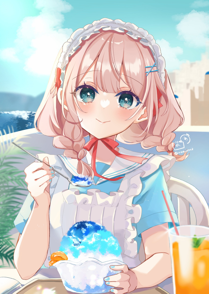 Safebooru - 1girl apron blue eyes blue nails blue shirt blue sky blurry blurry background blurry ...