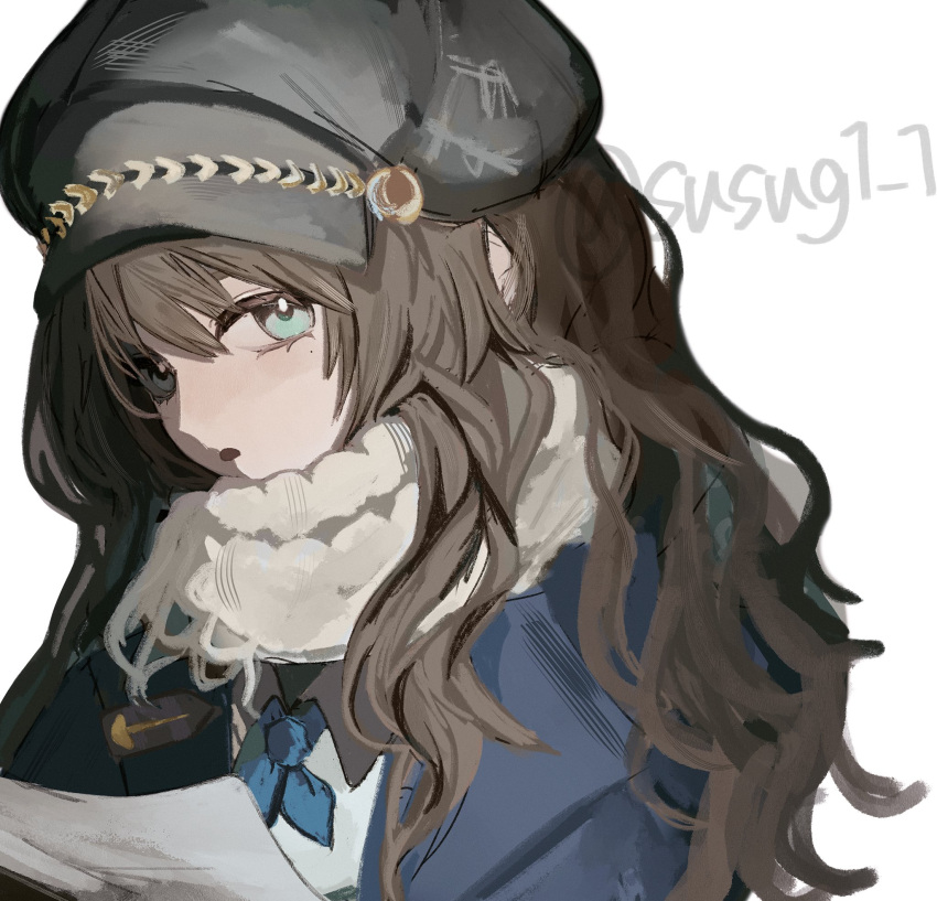 Safebooru - 1girl :o blue coat blue eyes brown hair coat grey hat hat ...