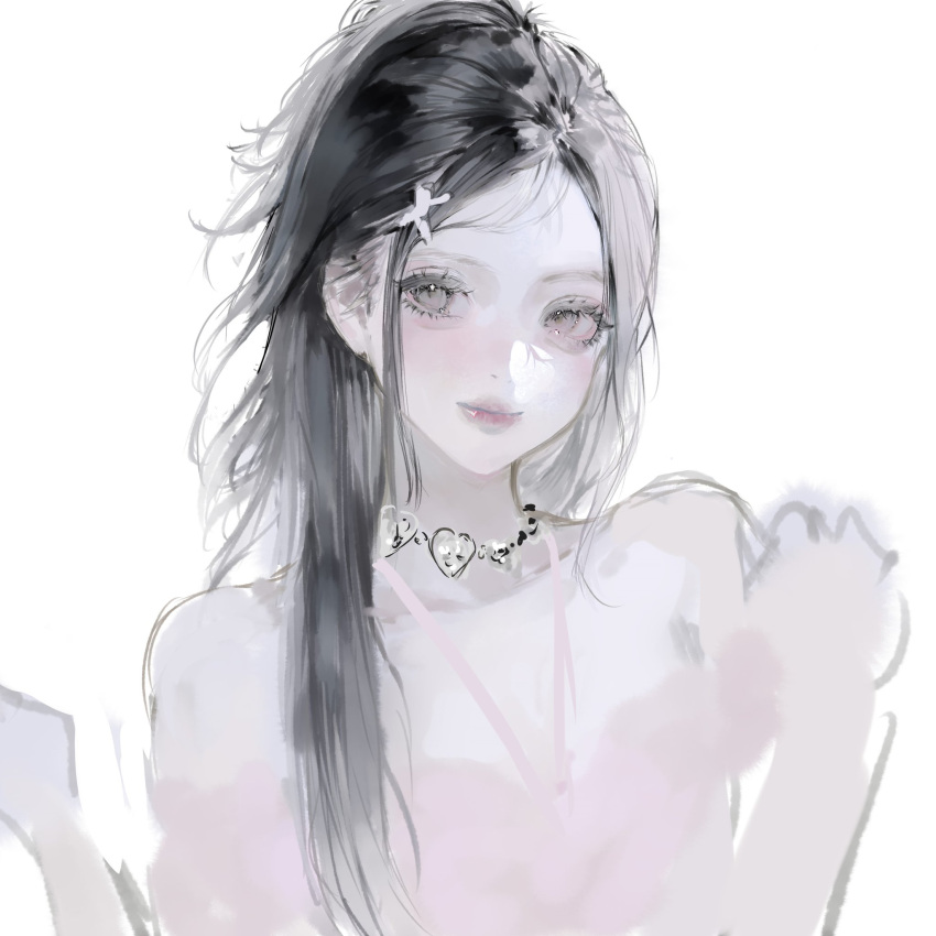 Safebooru - 1girl bare shoulders black hair dress grey eyes hair ornament highres iggy.m jewelry ...