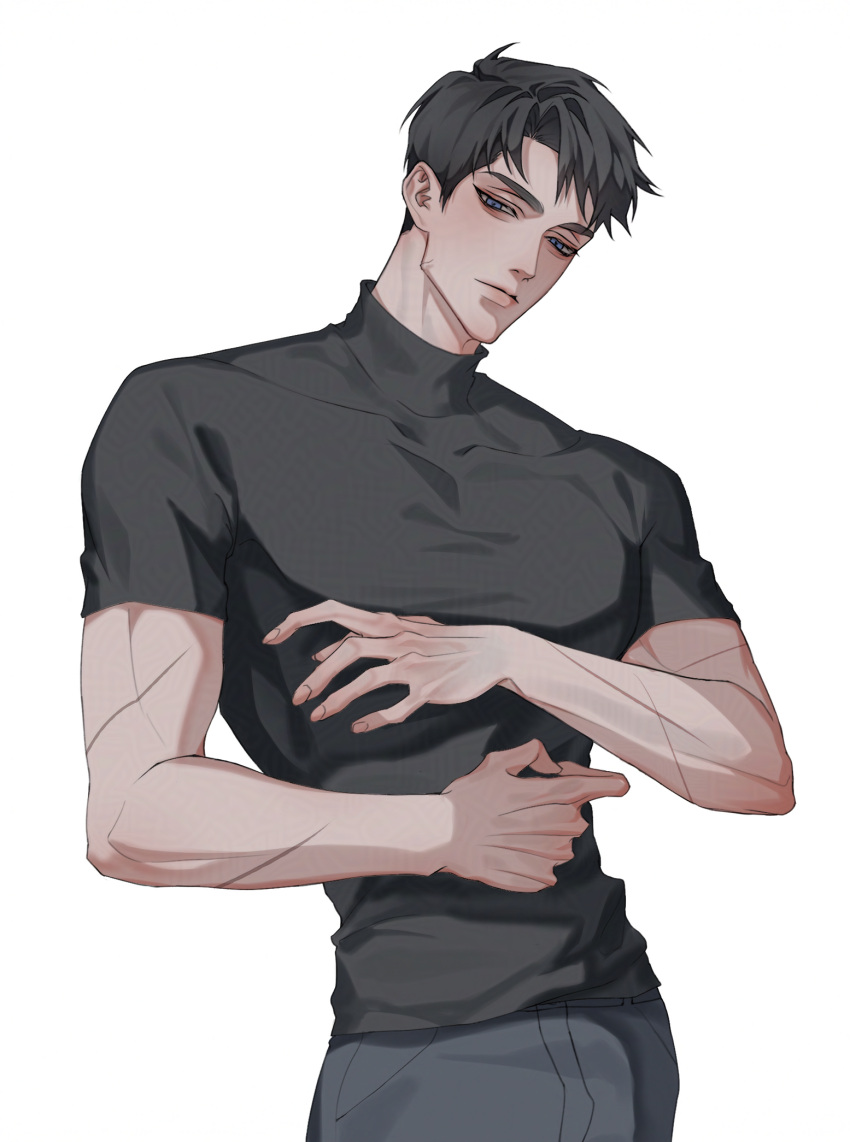 Safebooru - 1boy black hair black shirt closed mouth commentary covered collarbone cowboy shot ...