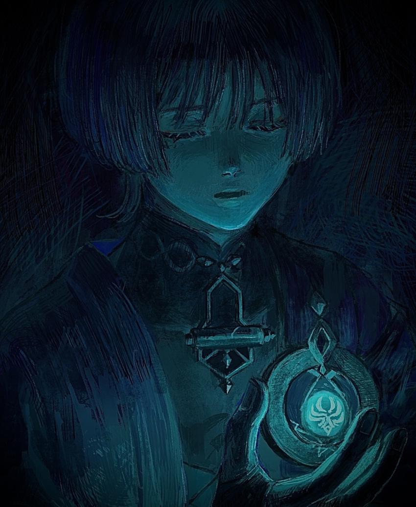 Safebooru - 1boy anemo symbol (genshin impact) aqua gemstone black bodysuit black hair black ...