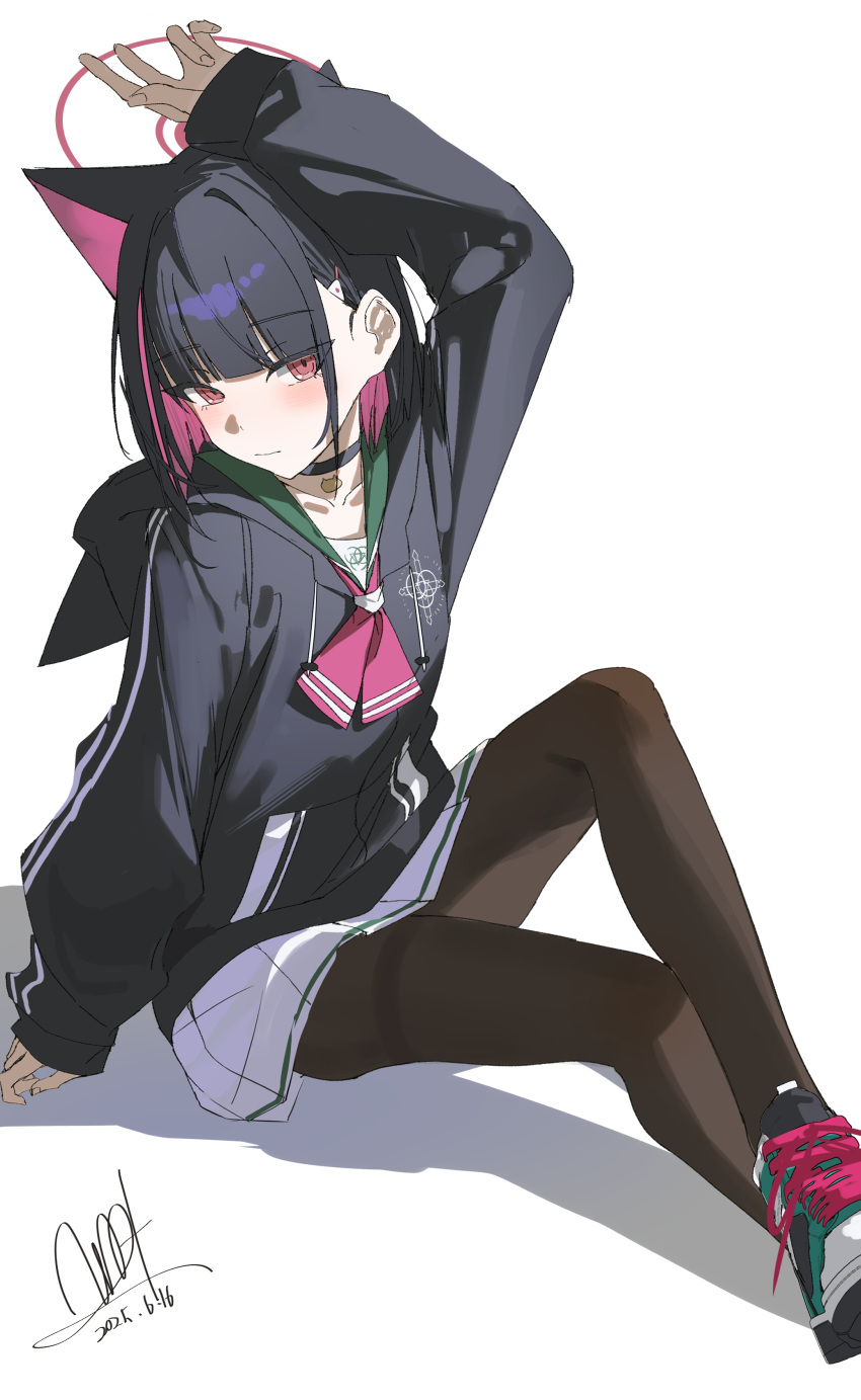 Safebooru - 1girl absurdres arm up ascot black choker black hair black jacket black pantyhose ...