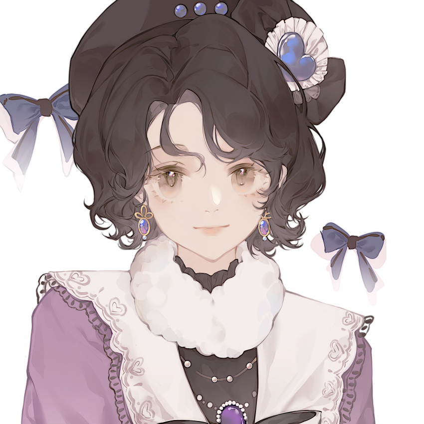 Safebooru - 1girl beret black bow black hat black shirt bow bowtie brown hair carefree moments ...