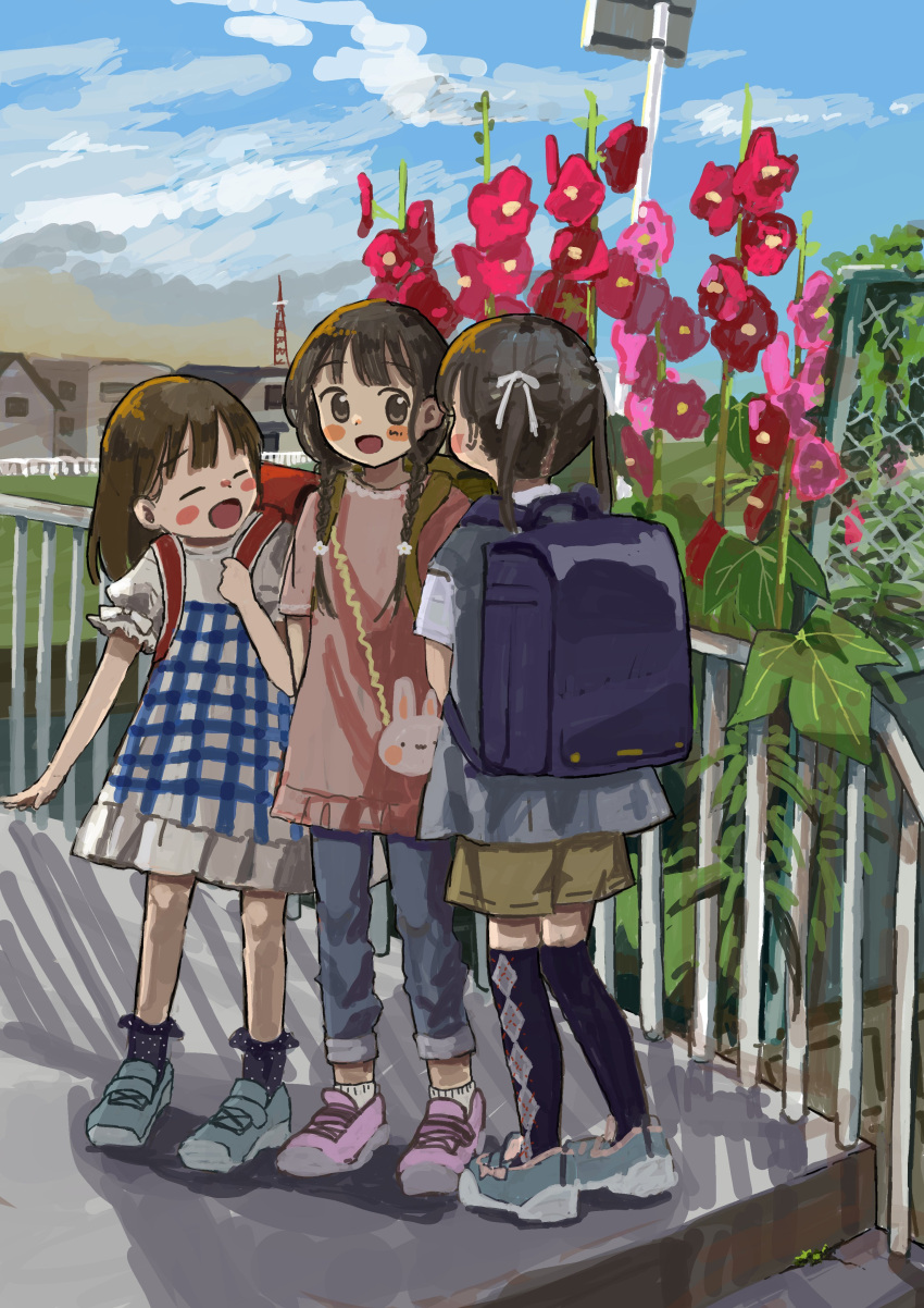 Safebooru - 3girls absurdres backpack bag black hair brown hair child closed eyes clouds day ...