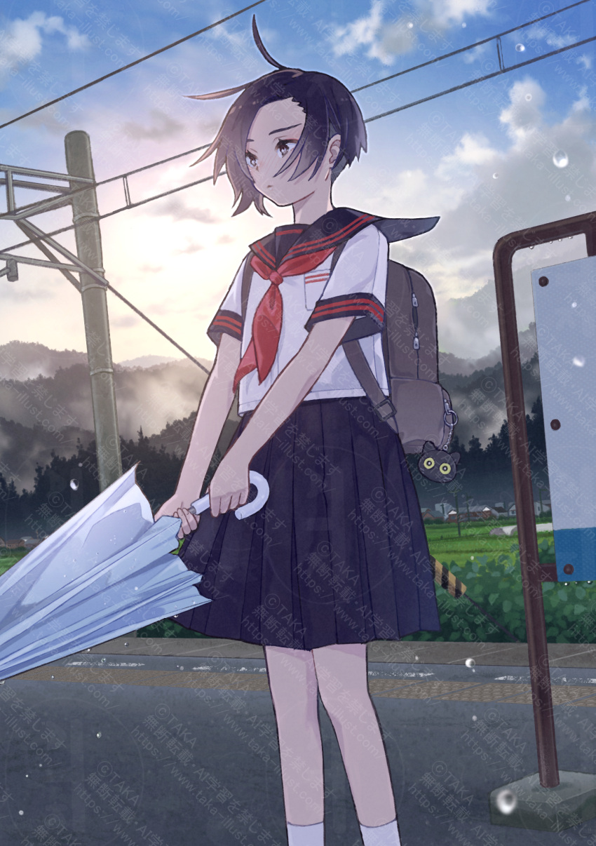 Safebooru - 1girl backpack bag black hair blue sky clouds grey eyes highres holding holding ...