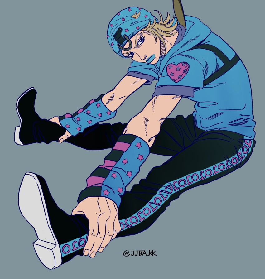 Safebooru - 1boy beanie black pants blonde hair blue arm warmers blue ...