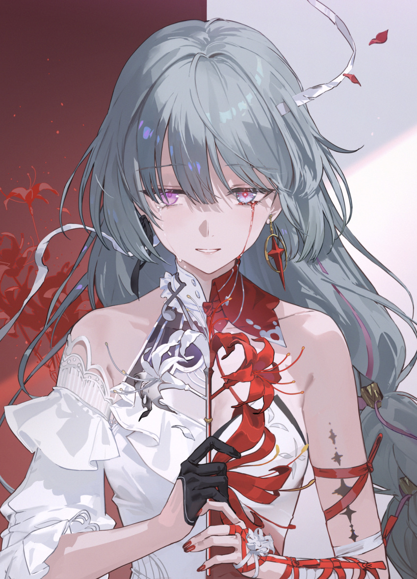 Safebooru - 1girl bandaged arm bandages bare shoulders black gloves black ribbon blood blood ...
