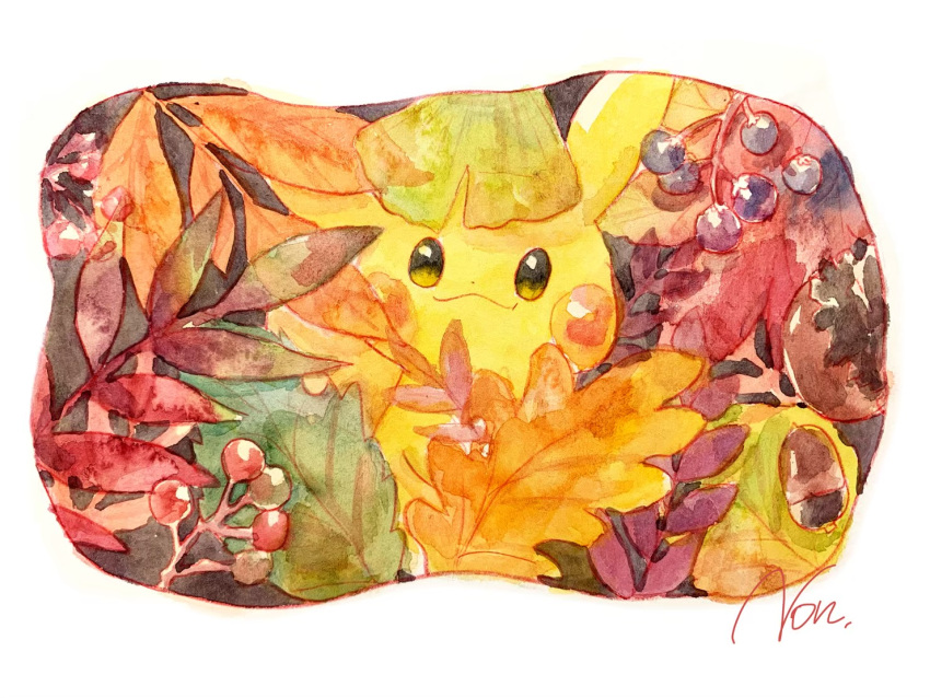 Safebooru - :3 animal focus autumn leaves berry black eyes border ...
