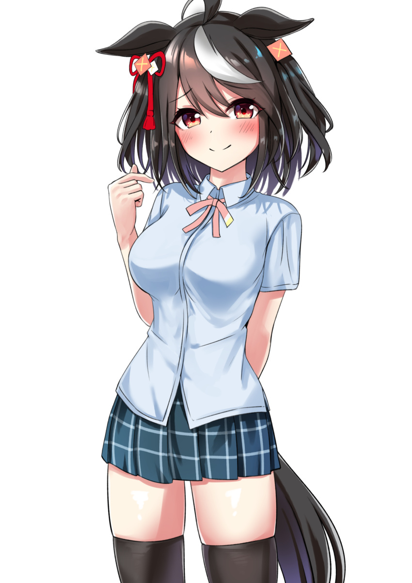 Safebooru - 1girl ahoge animal ears arm behind back black hair black thighhighs blue shirt blue ...