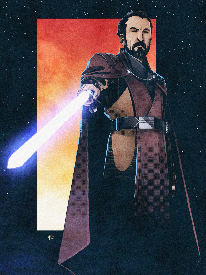 Safebooru - 1boy beard black hair blue lightsaber closed eyes colin ...