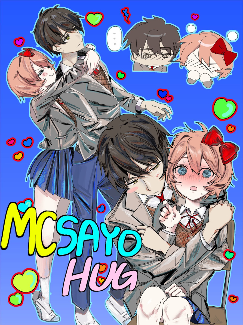 Safebooru - 1boy 1girl artist request blue background blush chair chibi doki doki literature ...